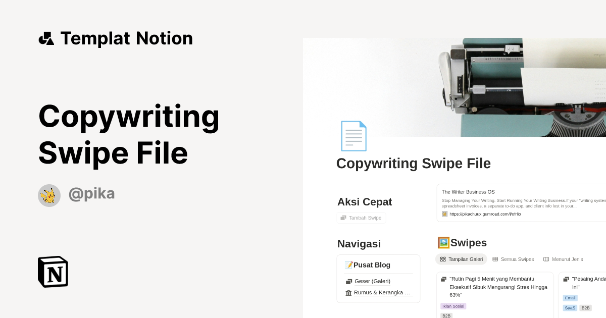 Copywriting Swipe File Templat oleh Pika | Notion Marketplace