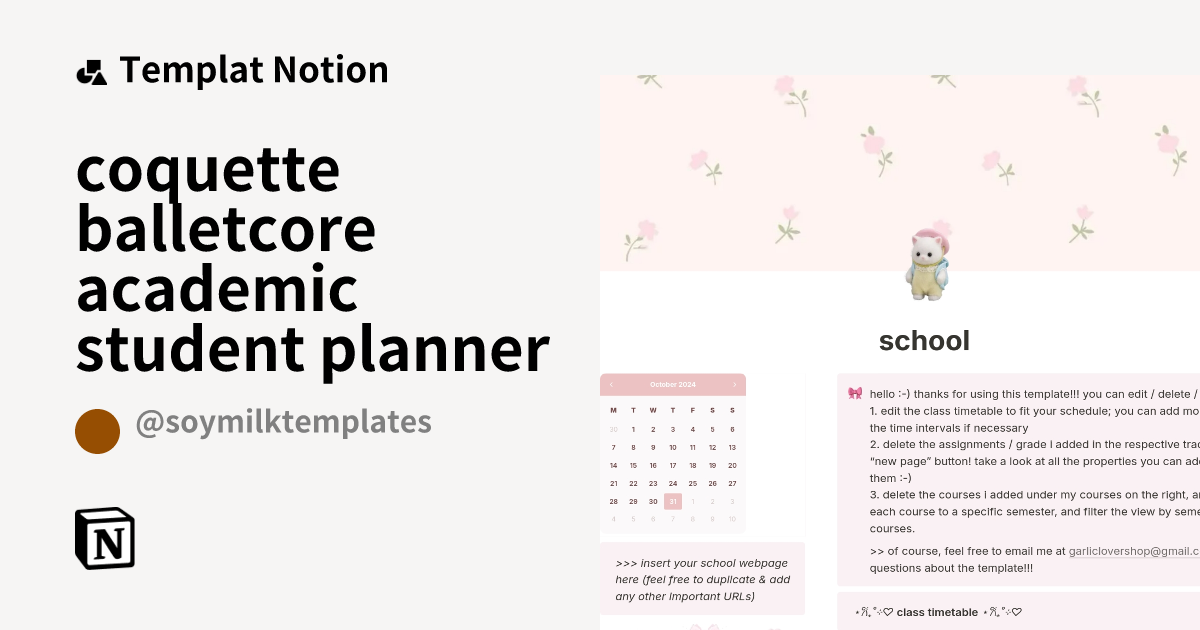 Templat coquette balletcore academic student planner | Notion Marketplace