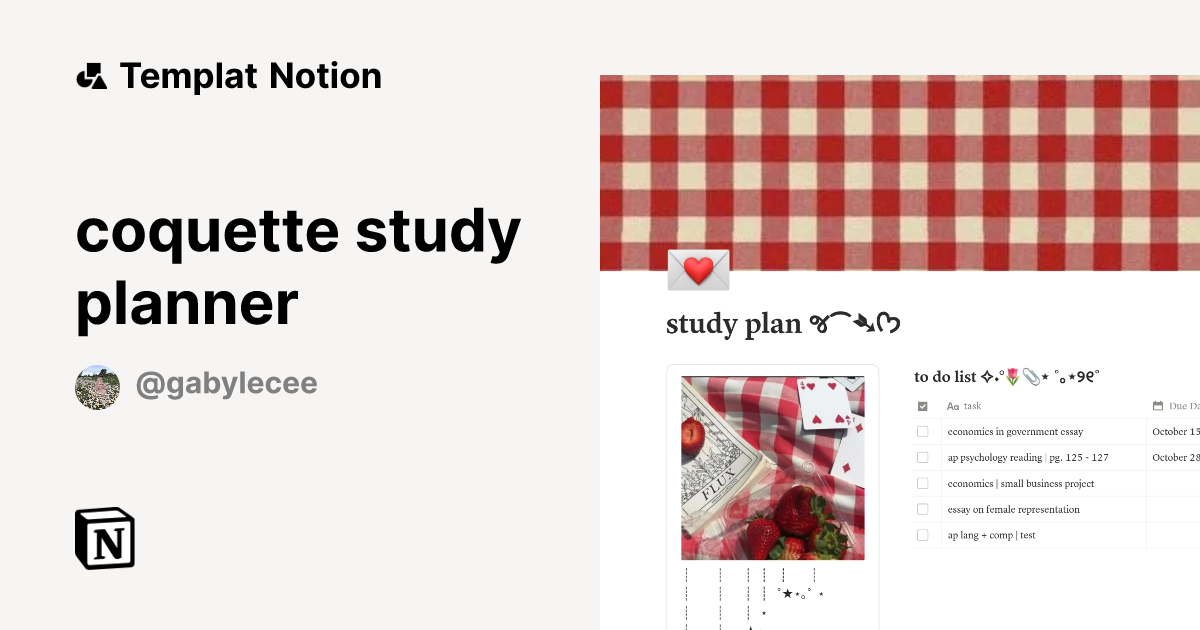 Templat coquette study planner | Notion Marketplace