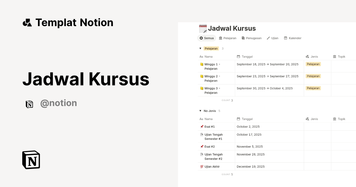 Jadwal Kursus Templat oleh Notion | Notion Marketplace
