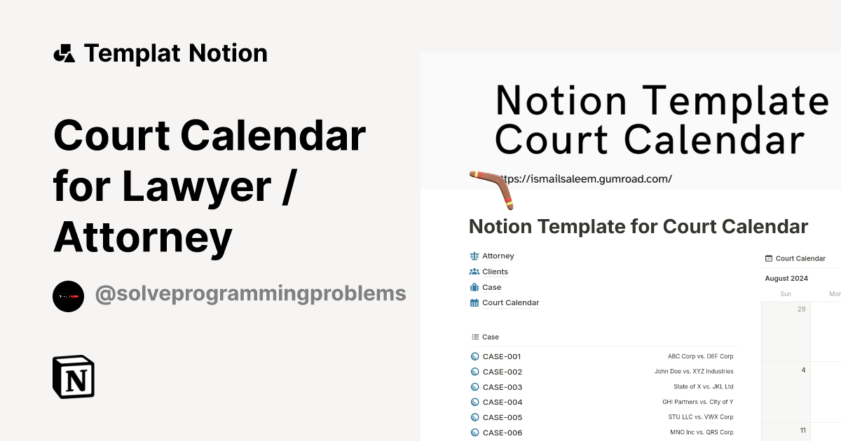 Court Calendar for Lawyer / Attorney Templat oleh Hams AI Tech | Notion Marketplace