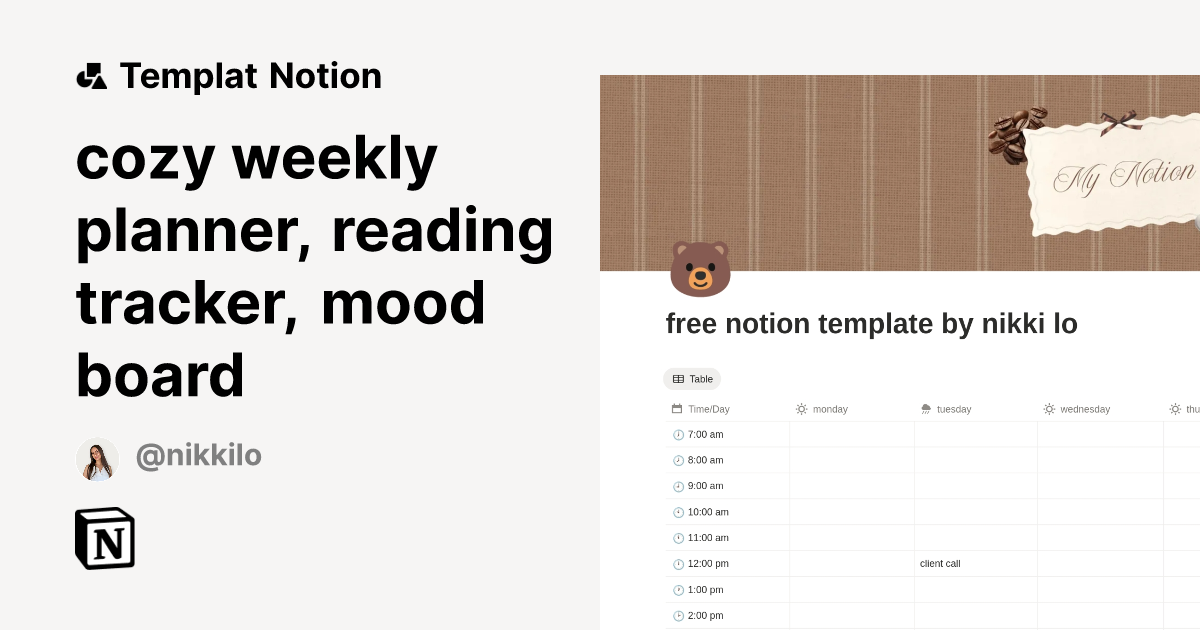 Templat cozy weekly planner, reading tracker, mood board | Notion ...