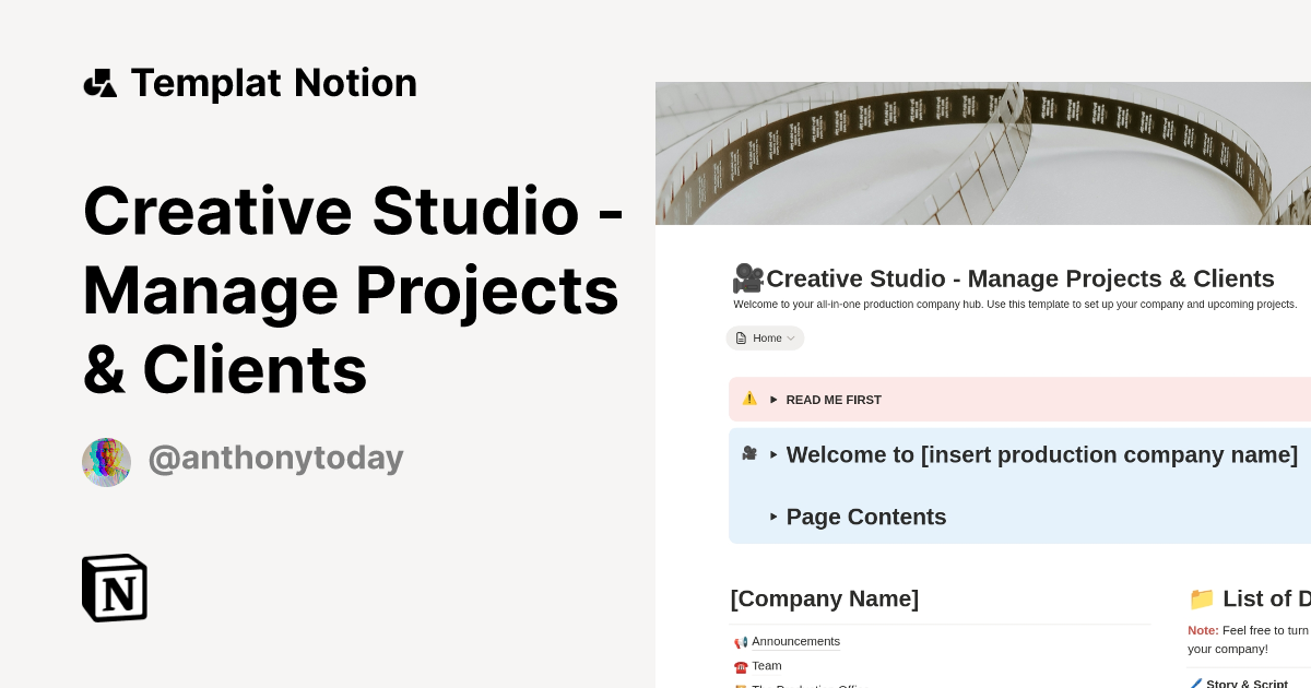 Creative Studio Company Hub Templat oleh AnthonyToday | Notion Marketplace