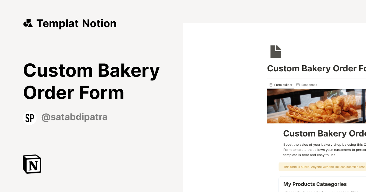 Custom Bakery Order Form Templat oleh Satabdi Patra | Notion Marketplace