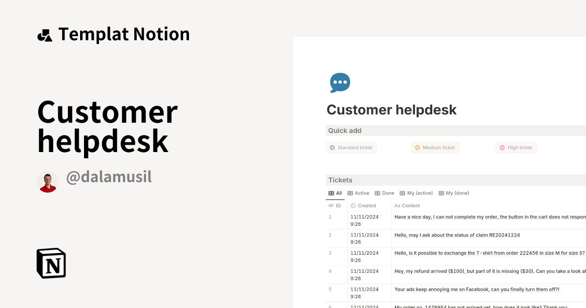 Customer helpdesk Templat oleh Dála Musil | Notion Marketplace