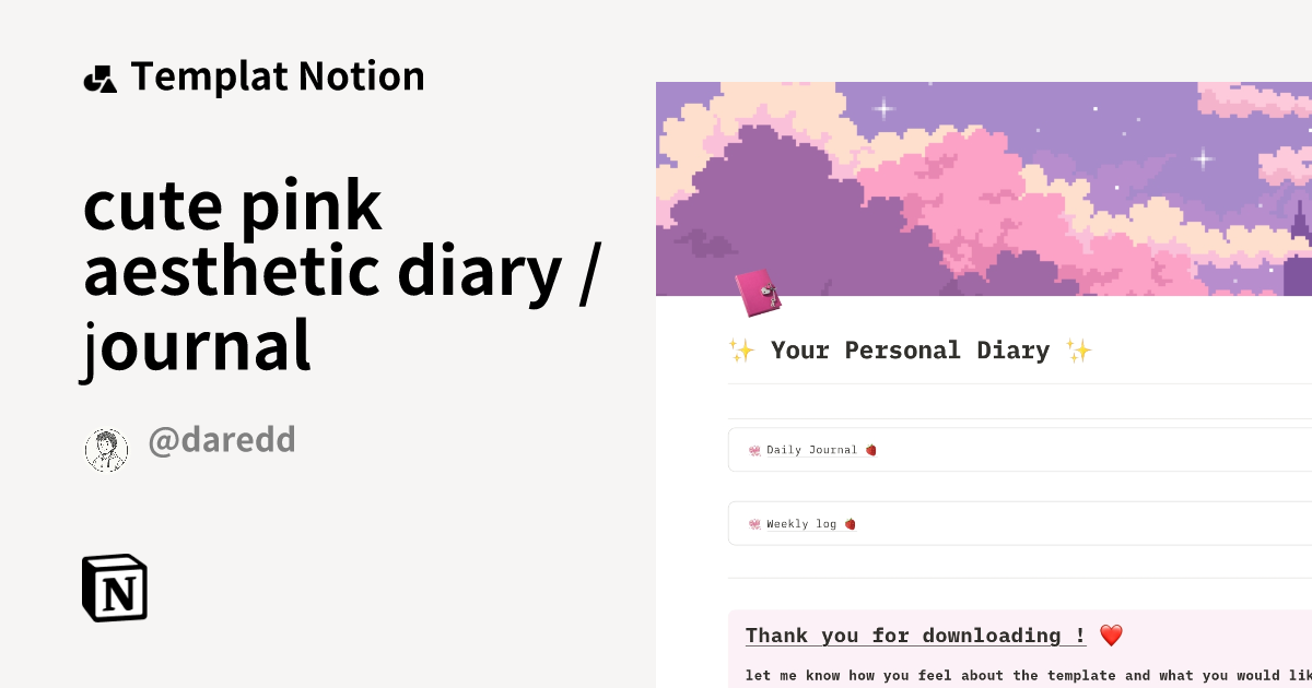 cute pink aesthetic diary / journal Templat oleh Dared | Notion Marketplace