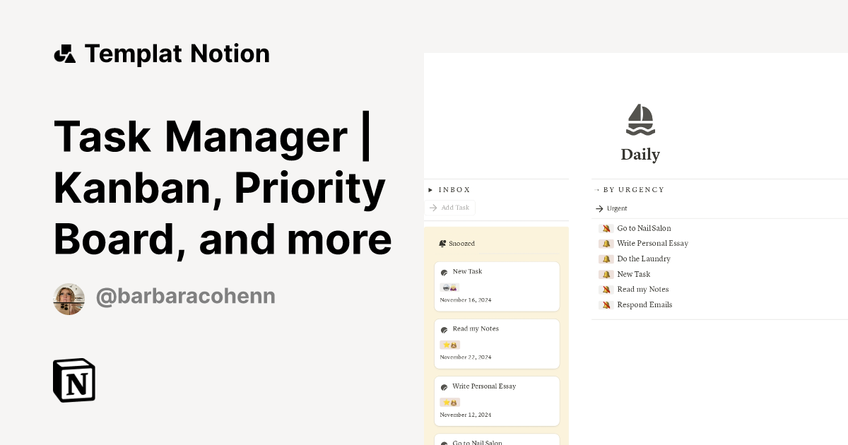 Task Manager | Kanban, Priority Board, and more Templat oleh Bárbara cohen | Notion Marketplace