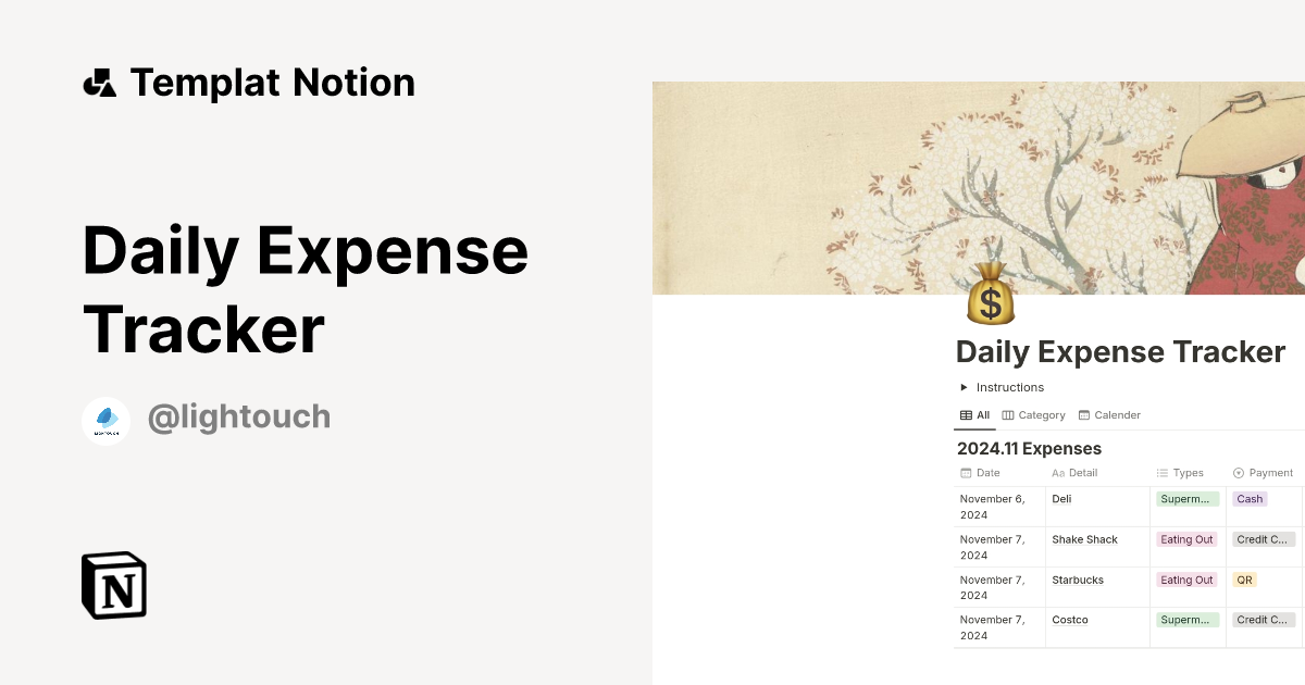Daily Expense Tracker Templat oleh LIGHTOUCH | Notion Marketplace