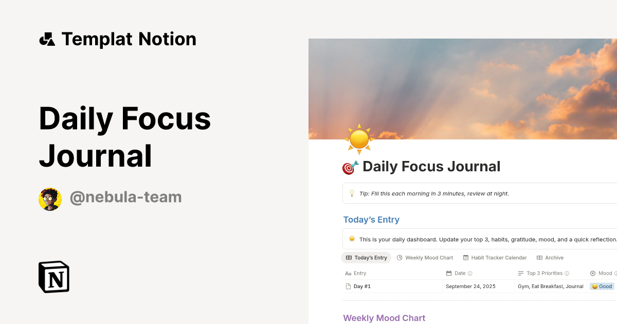 Daily Focus Journal Templat oleh Nebula | Notion Marketplace