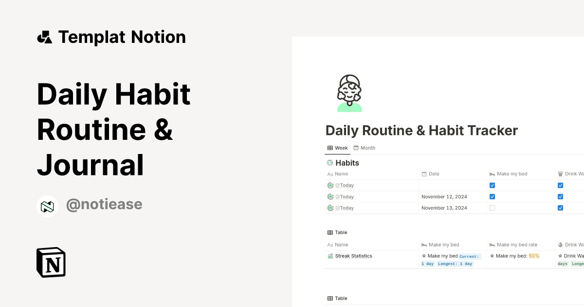 Daily Habit Routine & Journal Templat oleh NotiEase | Notion Marketplace