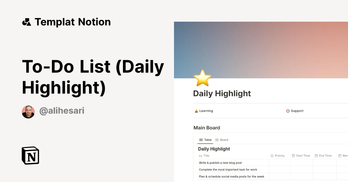 To-Do List (Daily Highlight) Templat oleh Ali Hesari | Notion Marketplace