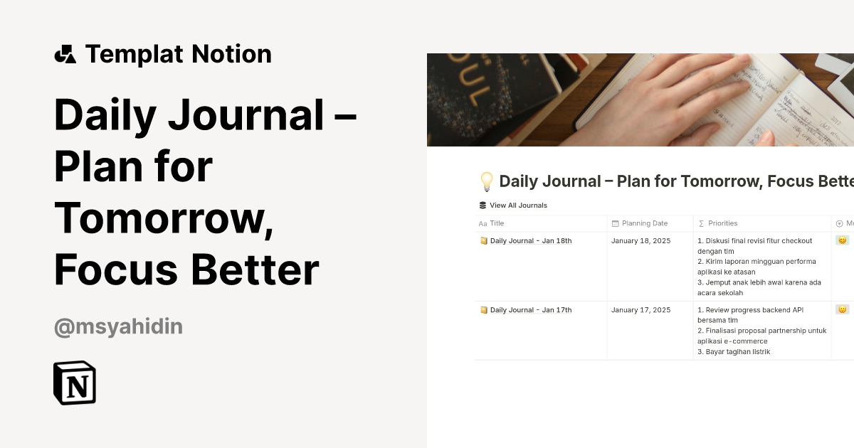 Daily Journal – Plan for Tomorrow, Focus Better Templat oleh msyahidin ...