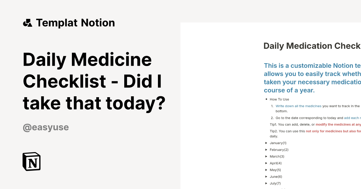 Templat Daily Medicine Checklist - Did I take that today? | Notion ...