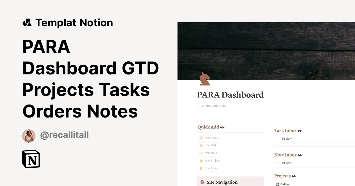 Templat PARA Dashboard GTD Projects Tasks Orders Notes | Notion Marketplace