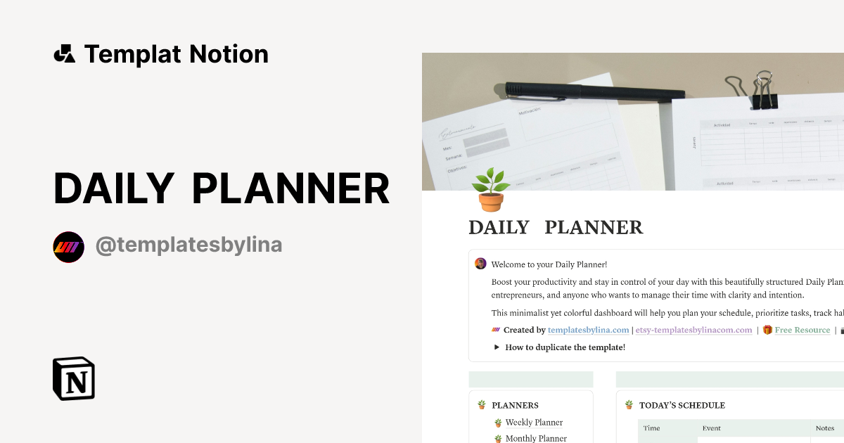 DAILY PLANNER Templat oleh templatesbylina | Notion Marketplace