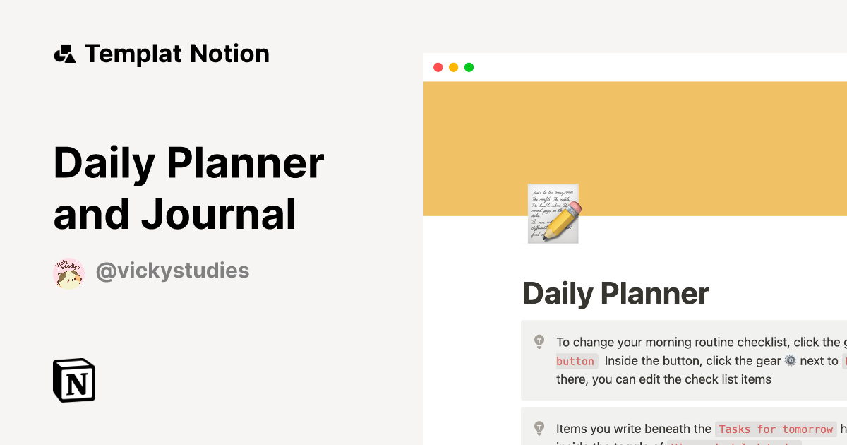 Daily Planner and Journal Templat oleh VickyStudies | Notion Marketplace