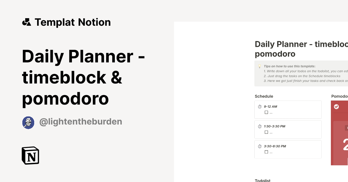Templat Daily Planner - timeblock & pomodoro | Notion Marketplace