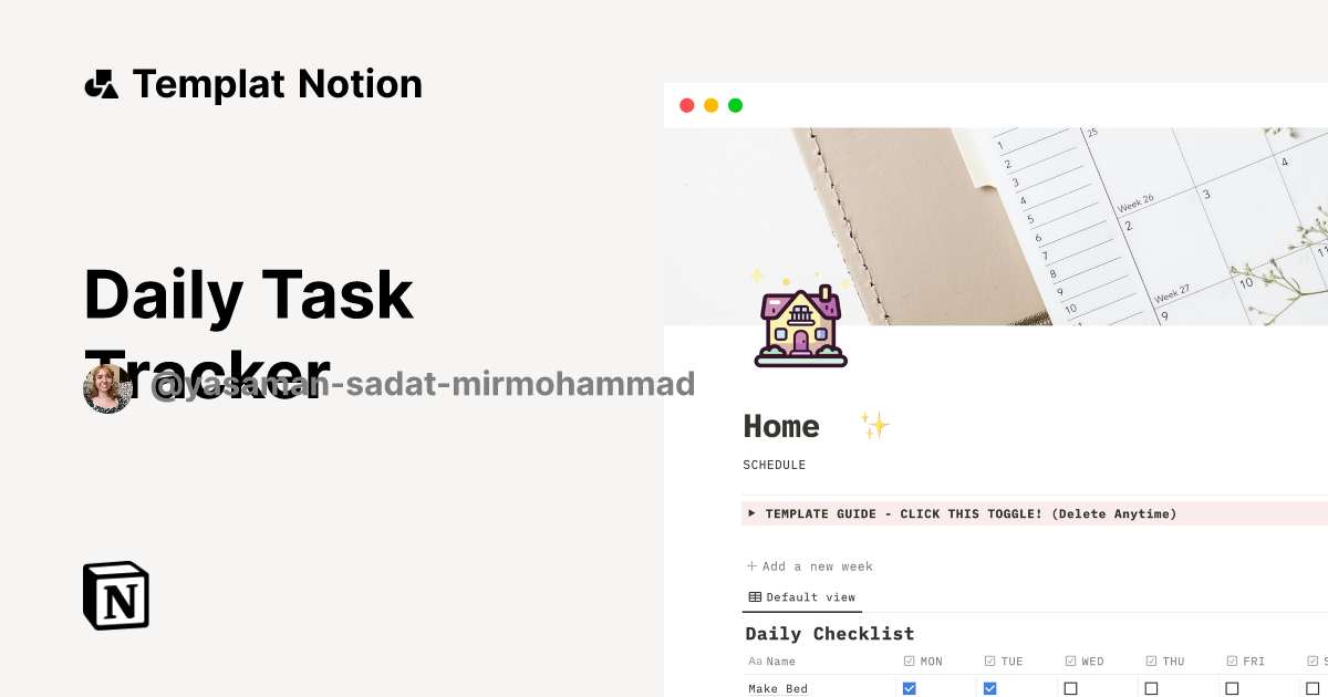 Daily Task Tracker Templat oleh Yasaman Sadat Mirmohammad | Notion Marketplace