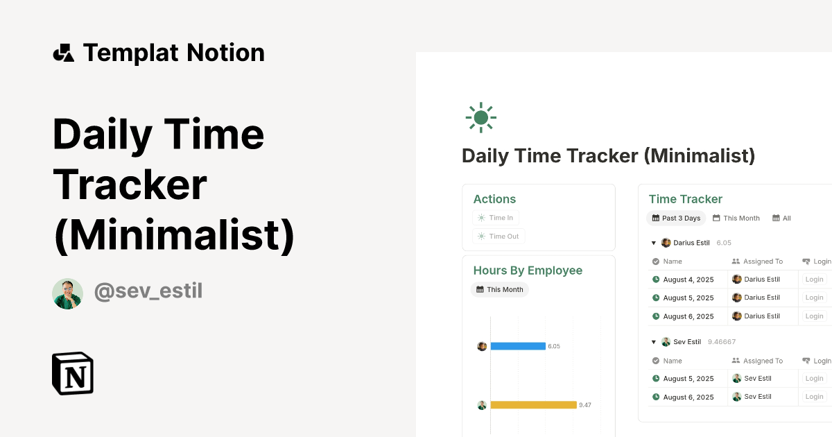 Daily Time Tracker (Minimalist) Templat oleh Sev Estil | Notion Marketplace