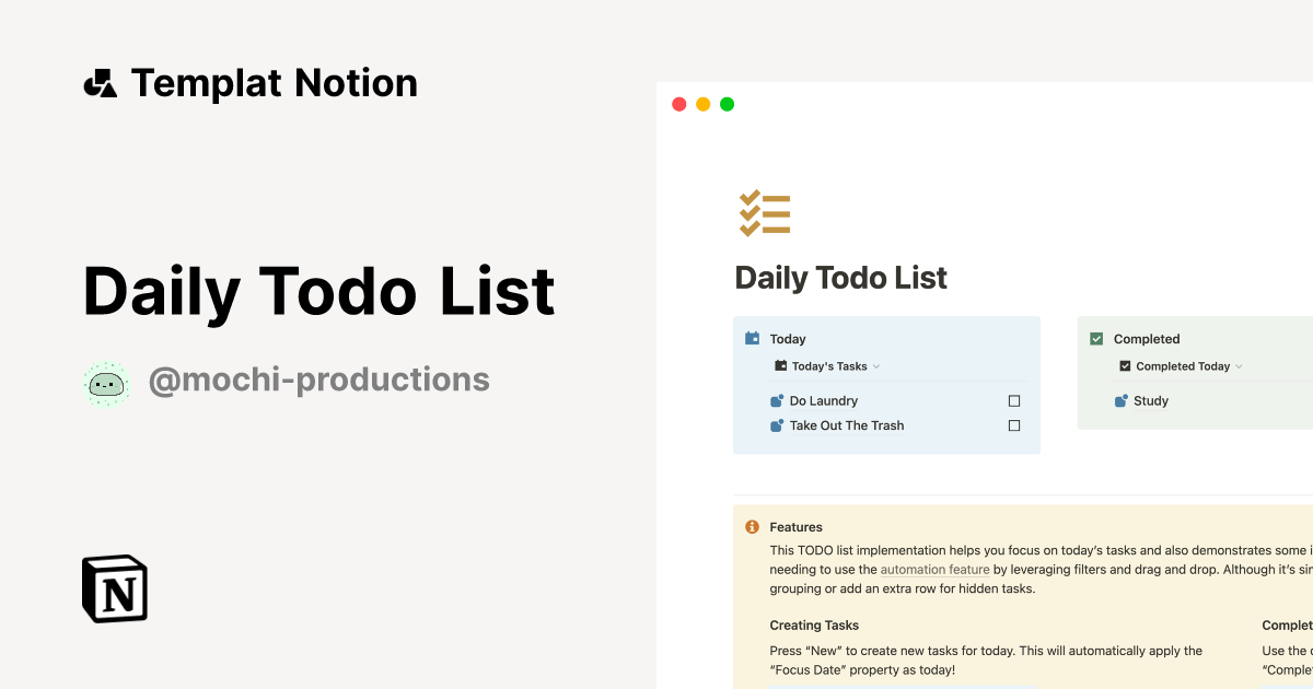 Daily Todo List Templat oleh Mochi Productions | Notion Marketplace
