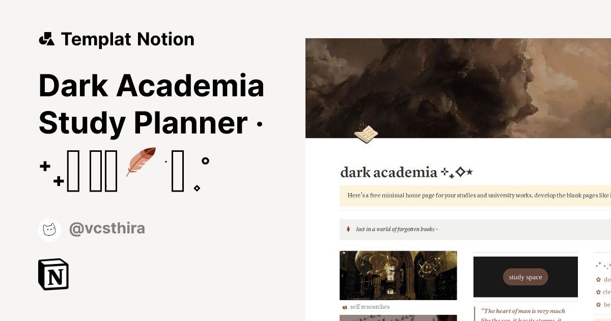 Templat Dark Academia Study Planner ‧⁺₊ 𓍢ִ໋ 🪶 ׂ ⋆ ۪ ˚ | Notion Marketplace