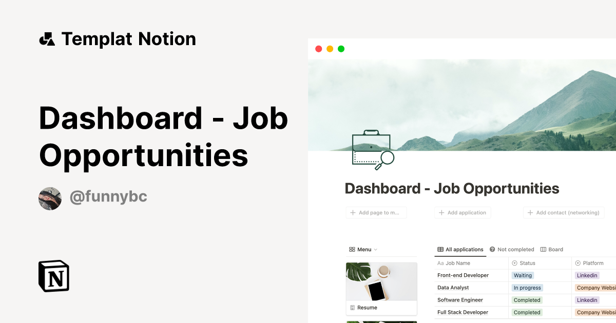 Dashboard - Job Opportunities Templat oleh Beatriz E. | Notion Marketplace