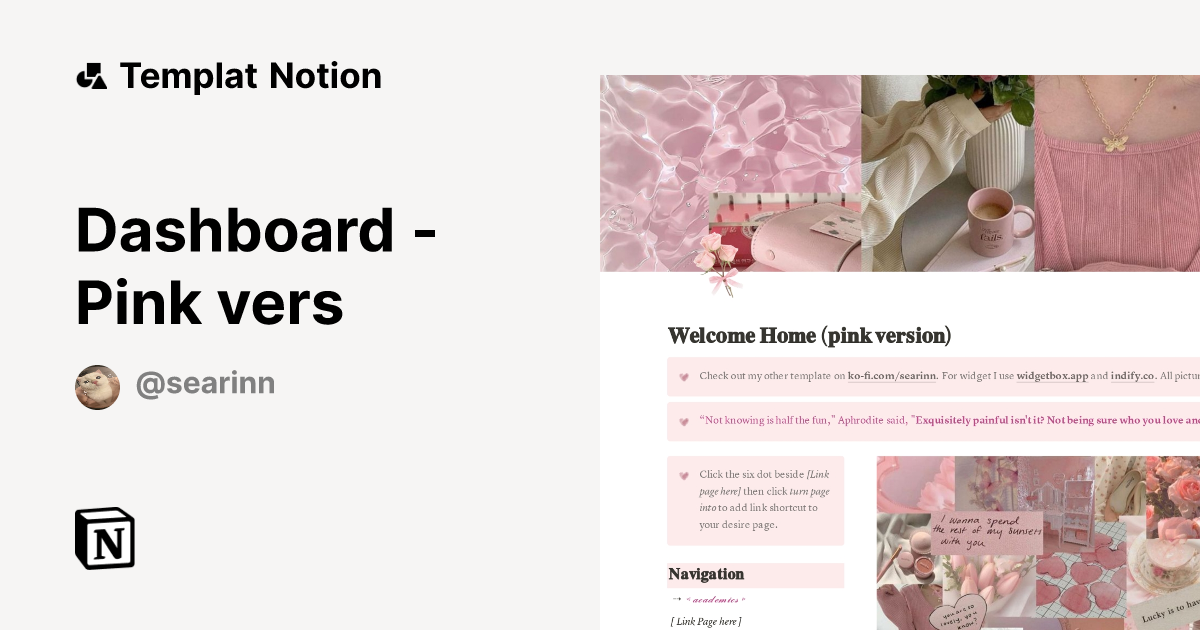Dashboard - Pink vers Templat oleh Searinn | Notion Marketplace
