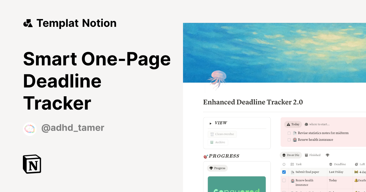 Smart One-Page Deadline Tracker Templat oleh Lumos | Notion Marketplace