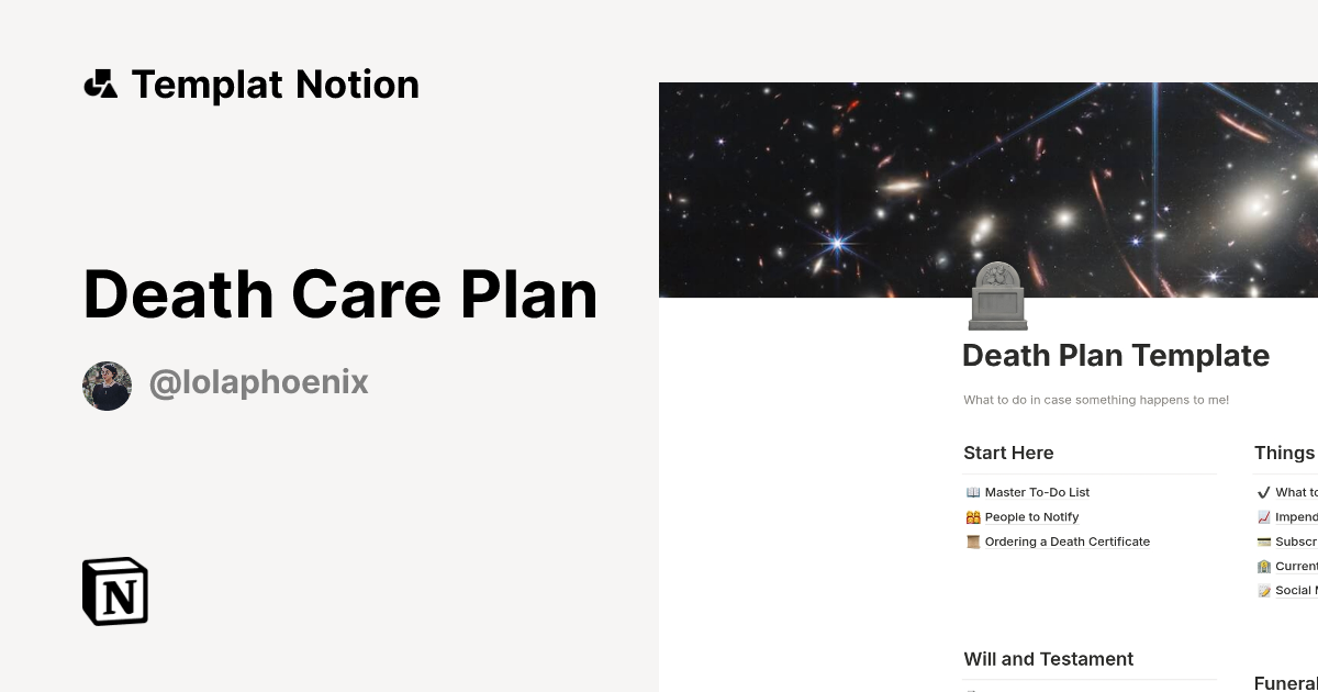 Death Care Plan Templat oleh Lola Phoenix | Notion Marketplace