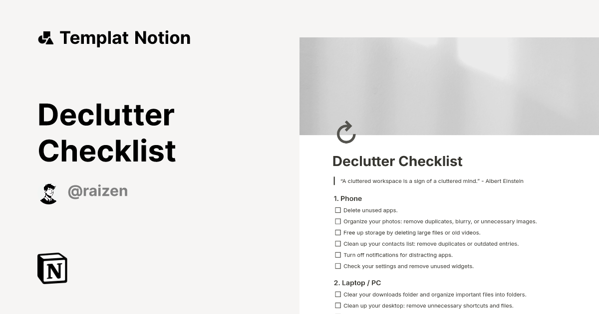 Declutter Checklist Templat oleh Raizen | Notion Marketplace