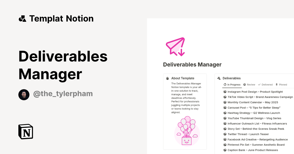 Deliverables Manager Templat oleh Tyler Pham | Notion Marketplace