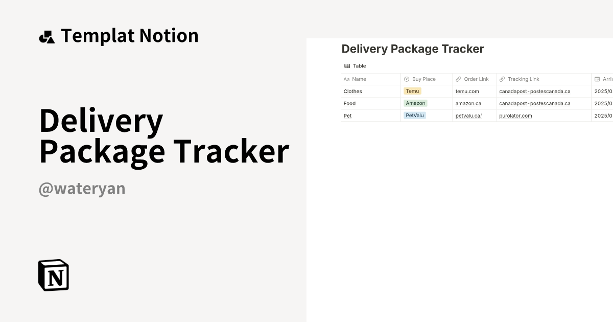 Delivery Package Tracker Templat oleh Wateryan | Notion Marketplace