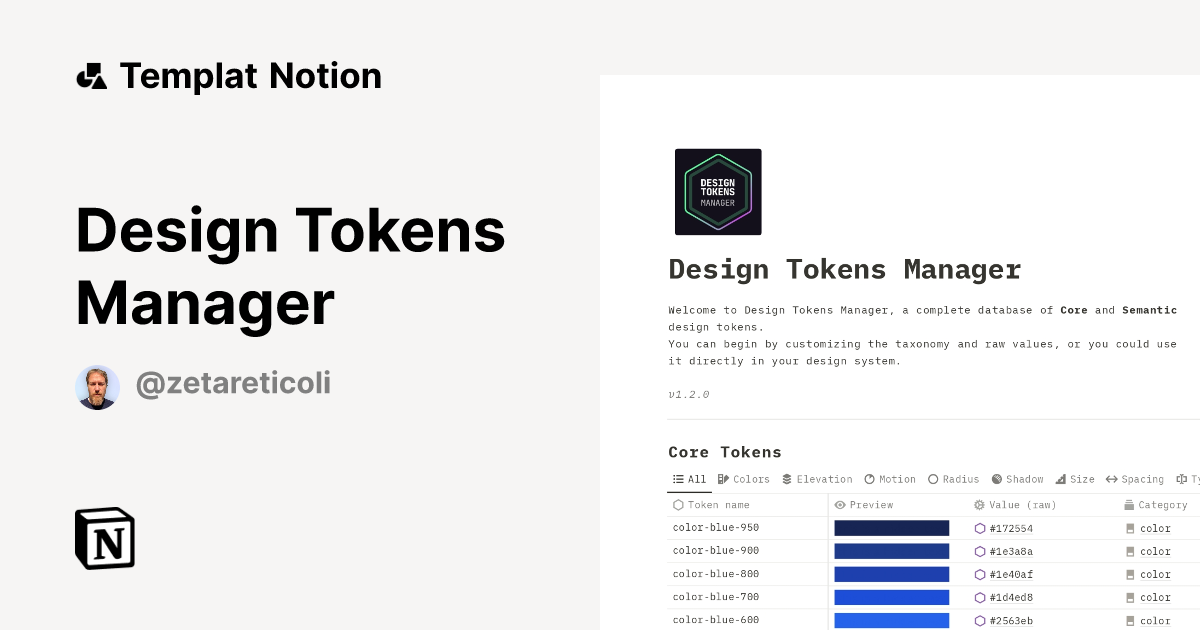 Design Tokens Manager Templat oleh Francesco Improta | Notion Marketplace