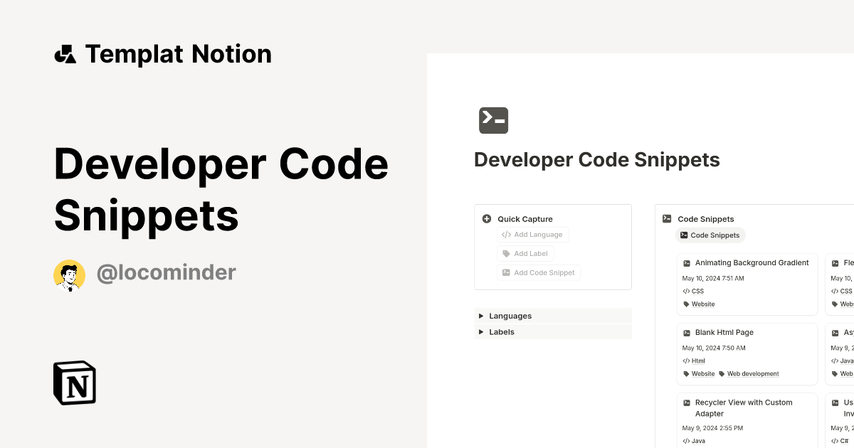 Developer Code Snippets Templat oleh Locominder | Notion Marketplace