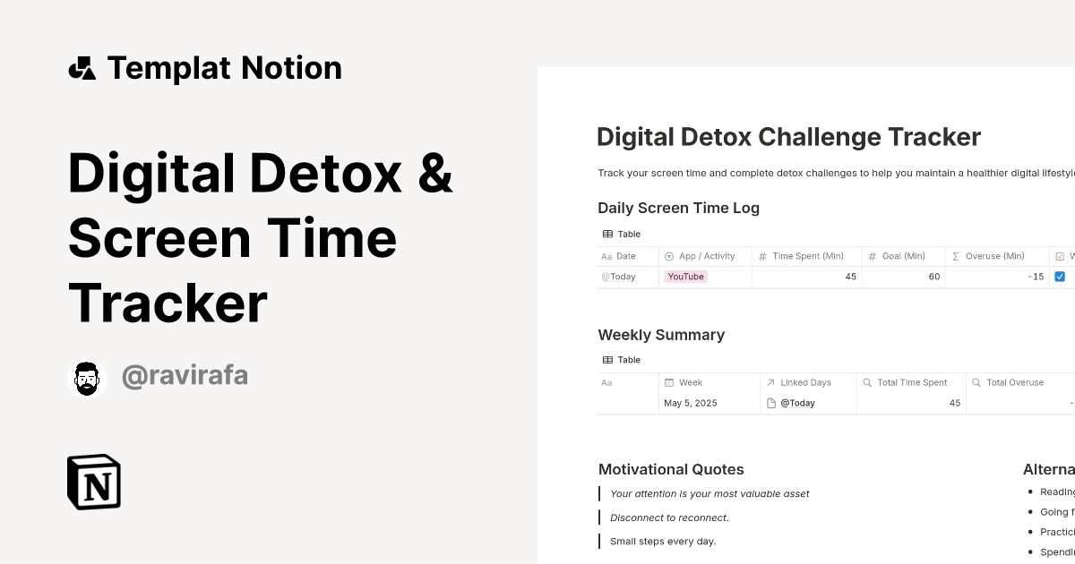 Templat Digital Detox & Screen Time Tracker | Notion Marketplace