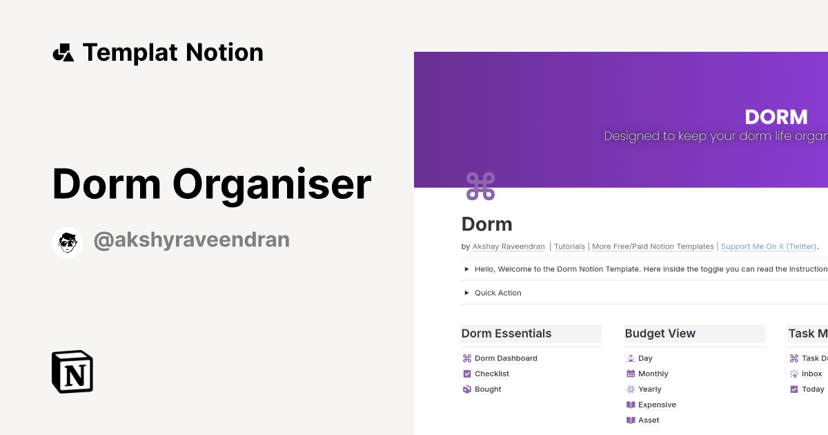 Dorm Organiser Templat oleh Akshay Raveendran | Notion Marketplace