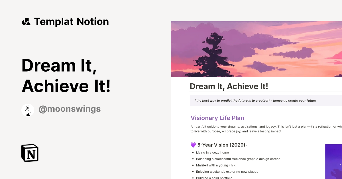 Dream It, Achieve It! Templat oleh moon swings | Notion Marketplace