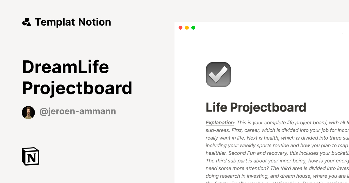 DreamLife Projectboard Templat oleh Jeroen Ammann | Notion Marketplace