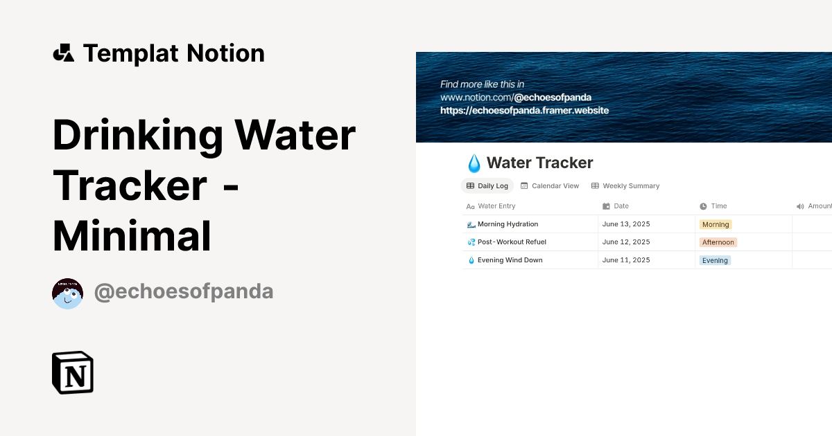 Drinking Water Tracker - Minimal Templat oleh Echoes of Panda🐼 | Notion ...