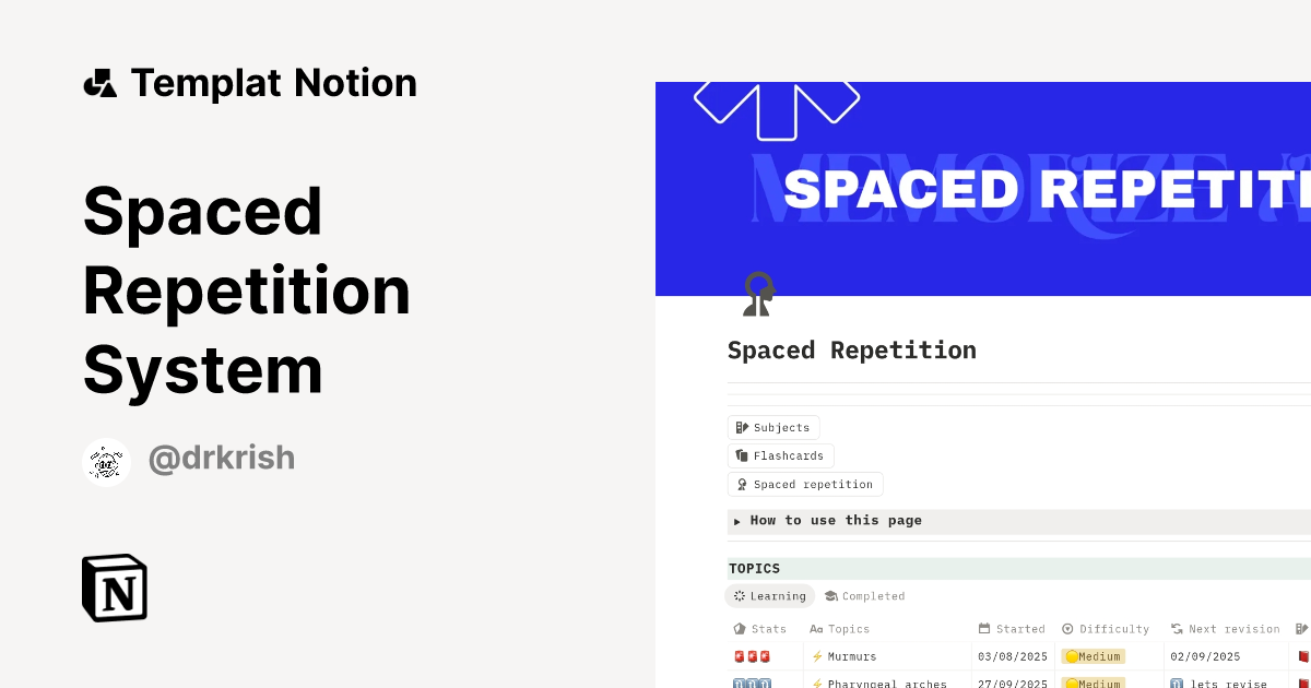 Spaced Repetition System Templat oleh Raj krishnan | Notion Marketplace
