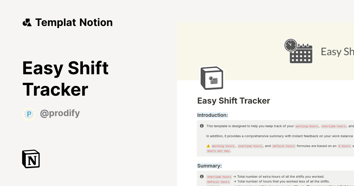Easy Shift Tracker Templat oleh Prodify | Notion Marketplace