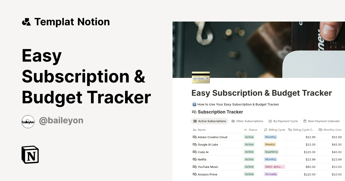 Easy Subscription & Budget Tracker Templat oleh baileyon | Notion ...
