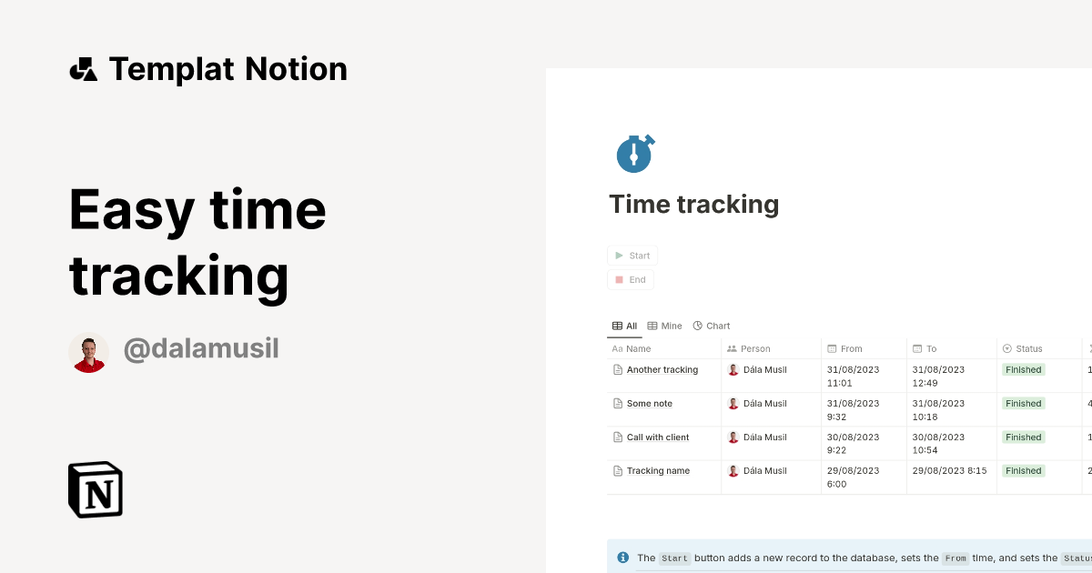 Easy time tracking Templat oleh Dála Musil | Notion Marketplace