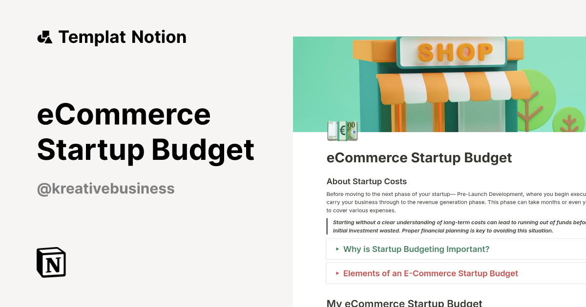 eCommerce Startup Budget Templat oleh Kreative Business | Notion Marketplace
