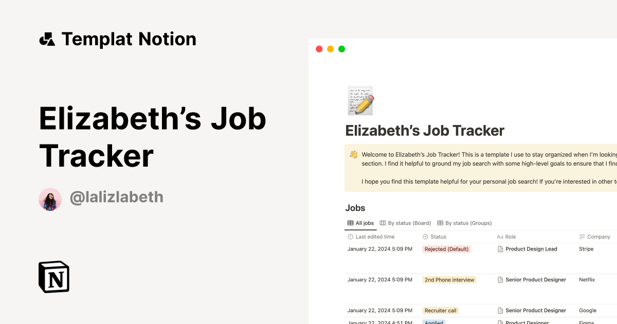 Elizabeth’s Job Tracker Templat oleh Elizabeth Lin | Notion Marketplace