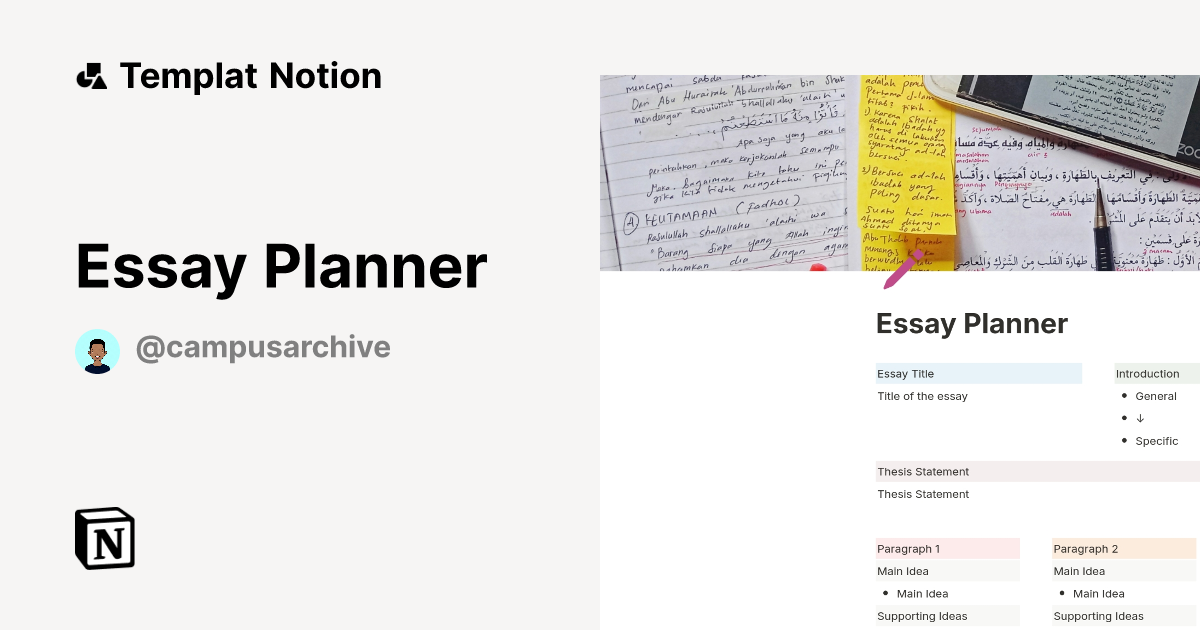 Essay Planner Templat oleh Campus Archive | Notion Marketplace