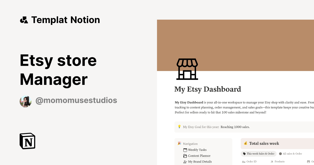 Etsy store Manager Templat oleh momomuse studio | Notion Marketplace