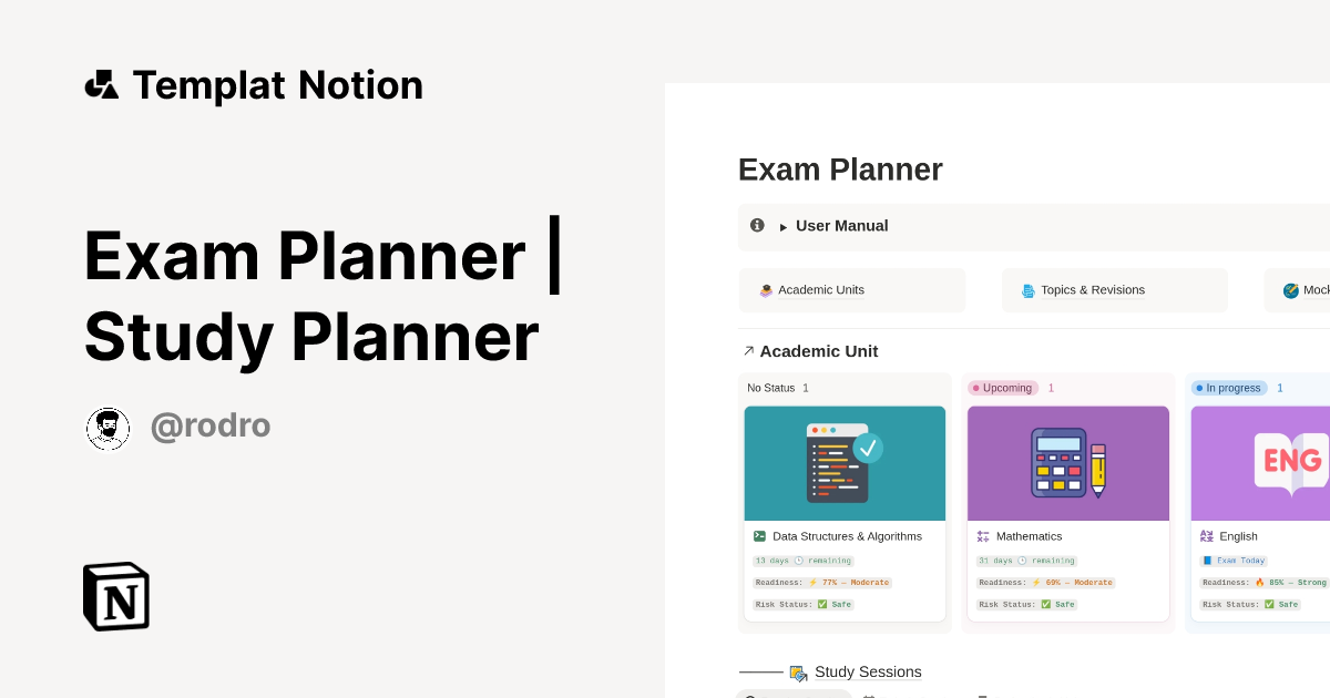 Exam Planner | Study Planner Templat oleh Rodro | Notion Marketplace