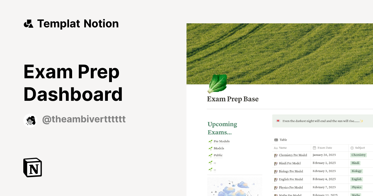 Exam Prep Dashboard Templat oleh The Ambivert | Notion Marketplace