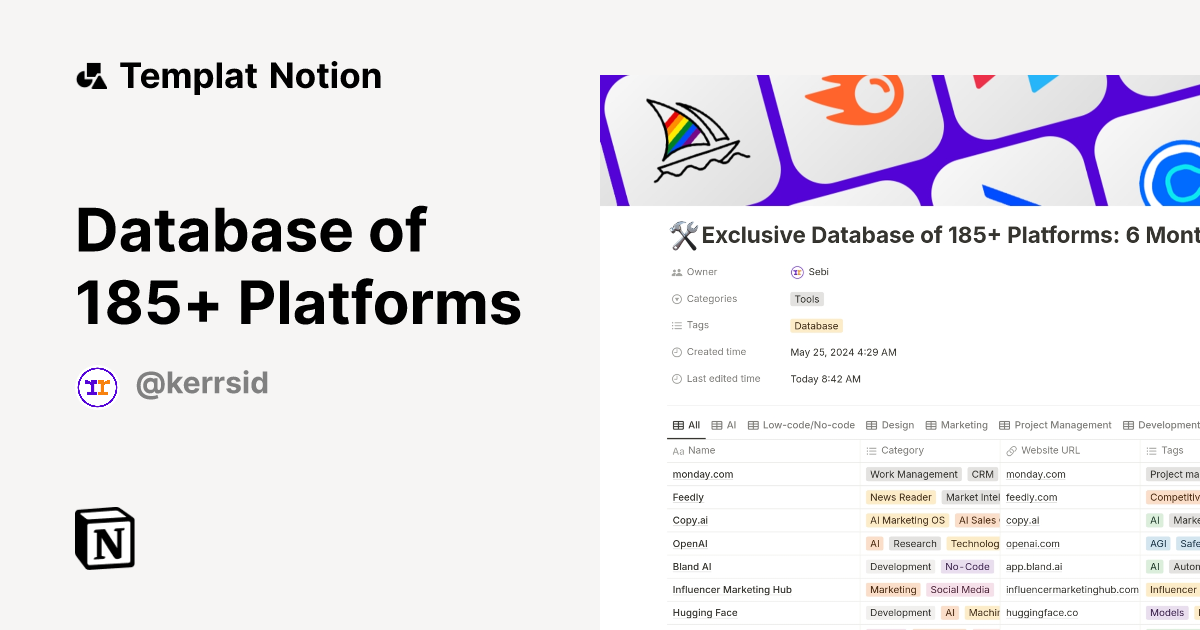 Templat Database of 185+ Platforms | Notion Marketplace